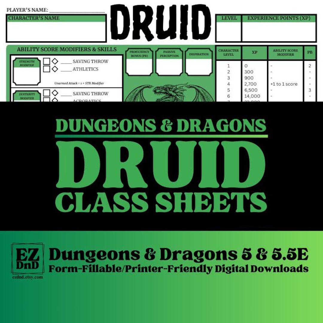 Dungeons & Dragons Druid Class Character Sheets - Form-fillable and ...