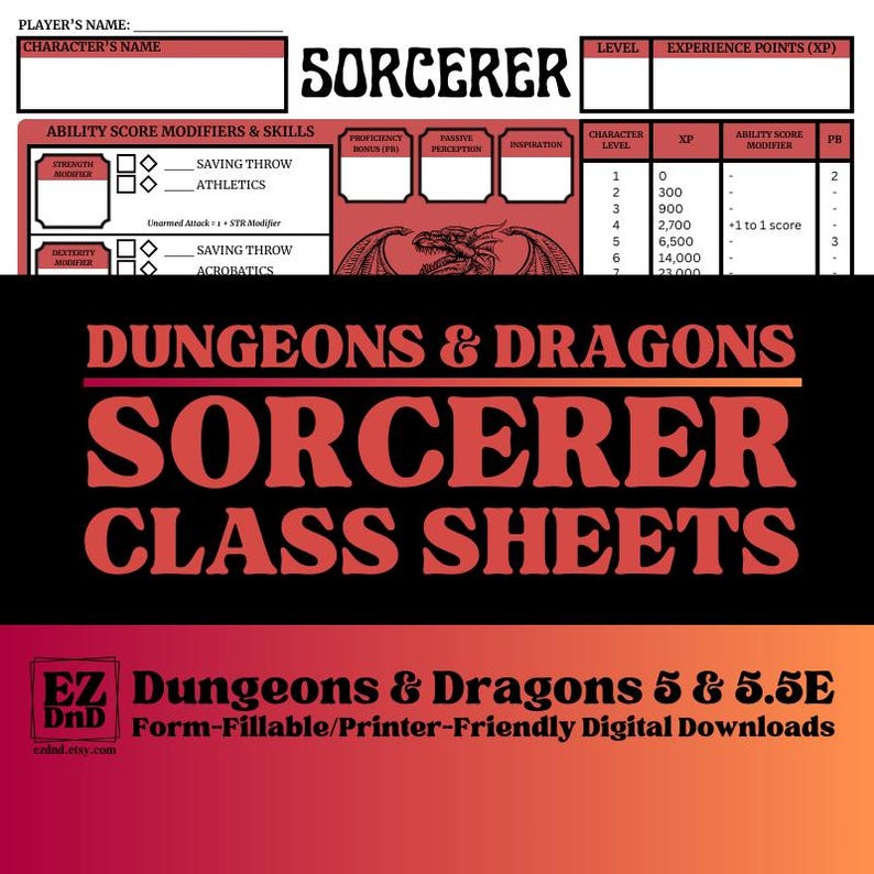 Dungeons & Dragons Sorcerer Class Character Sheets - Form-fillable and ...