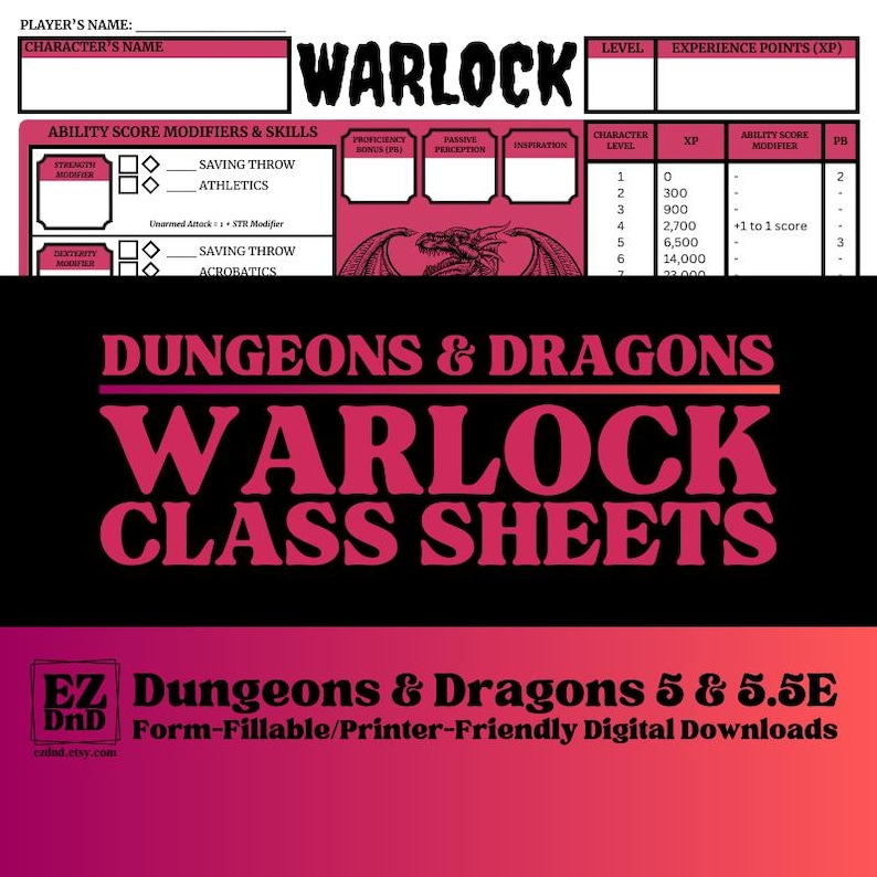 Dungeons & Dragons Warlock Class Character Sheets - Form-fillable and ...