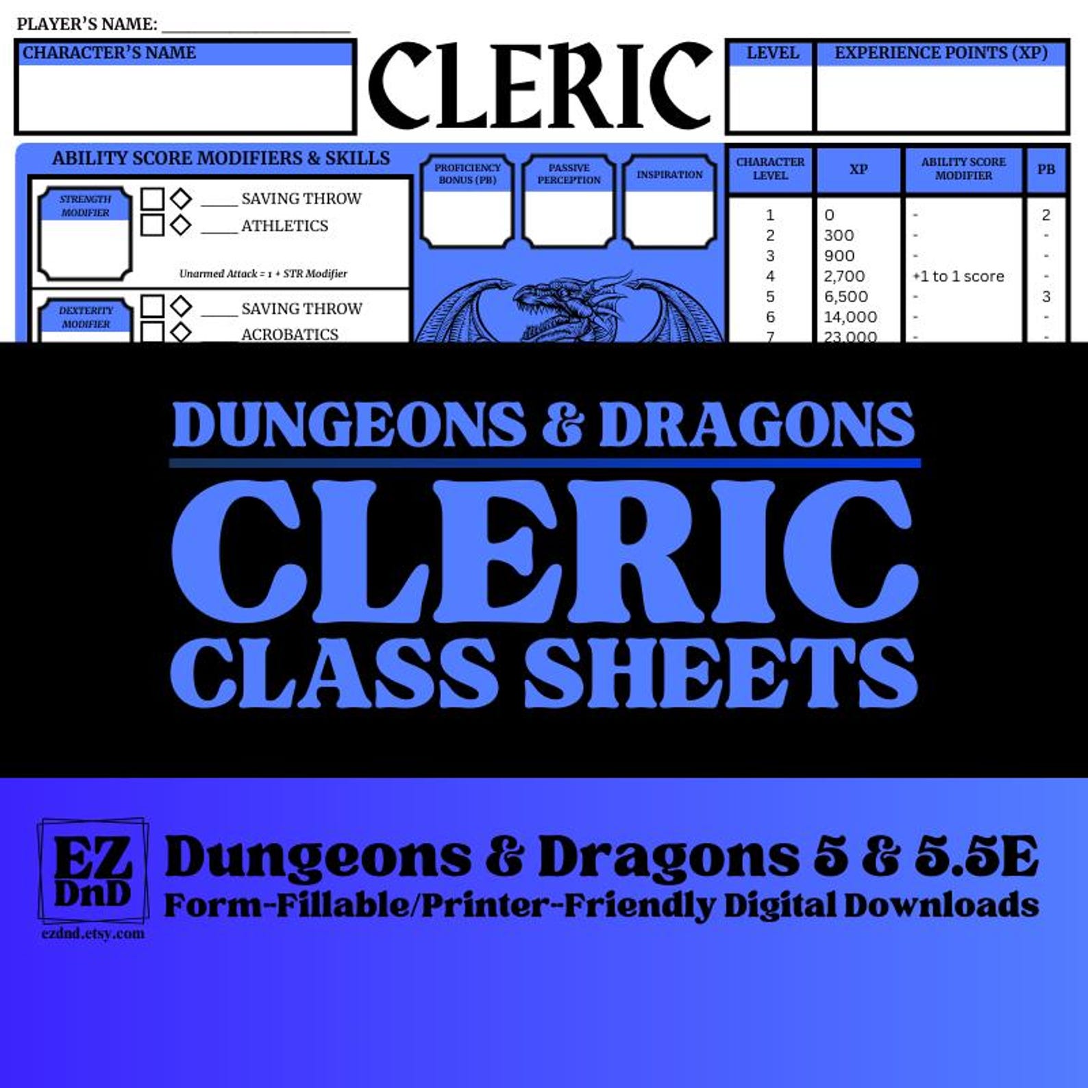 Dungeons & Dragons Cleric Class Character Sheets - Form-fillable and ...