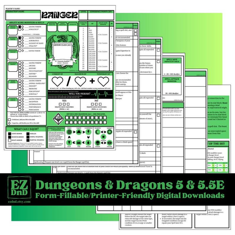 Dungeons & Dragons Ranger Class Character Sheets - Form-fillable and ...