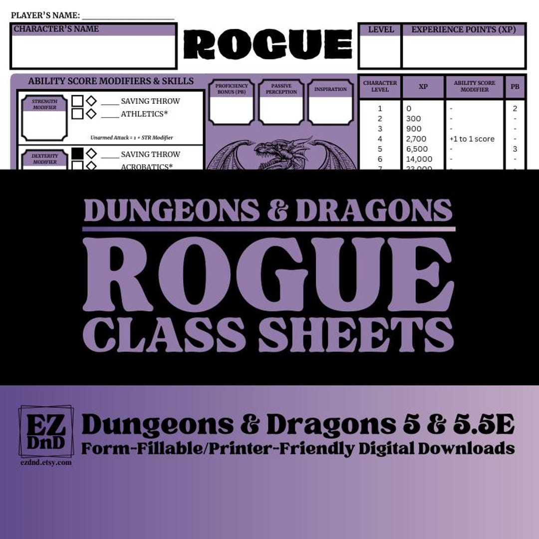Dungeons & Dragons Rogue Class Character Sheets - Form-fillable and ...