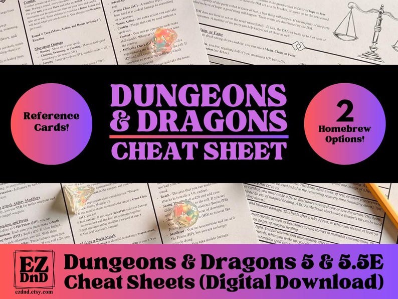 Printable Dungeons and Dragon Cheat Sheet and Reference Cards - 5th & 5 ...