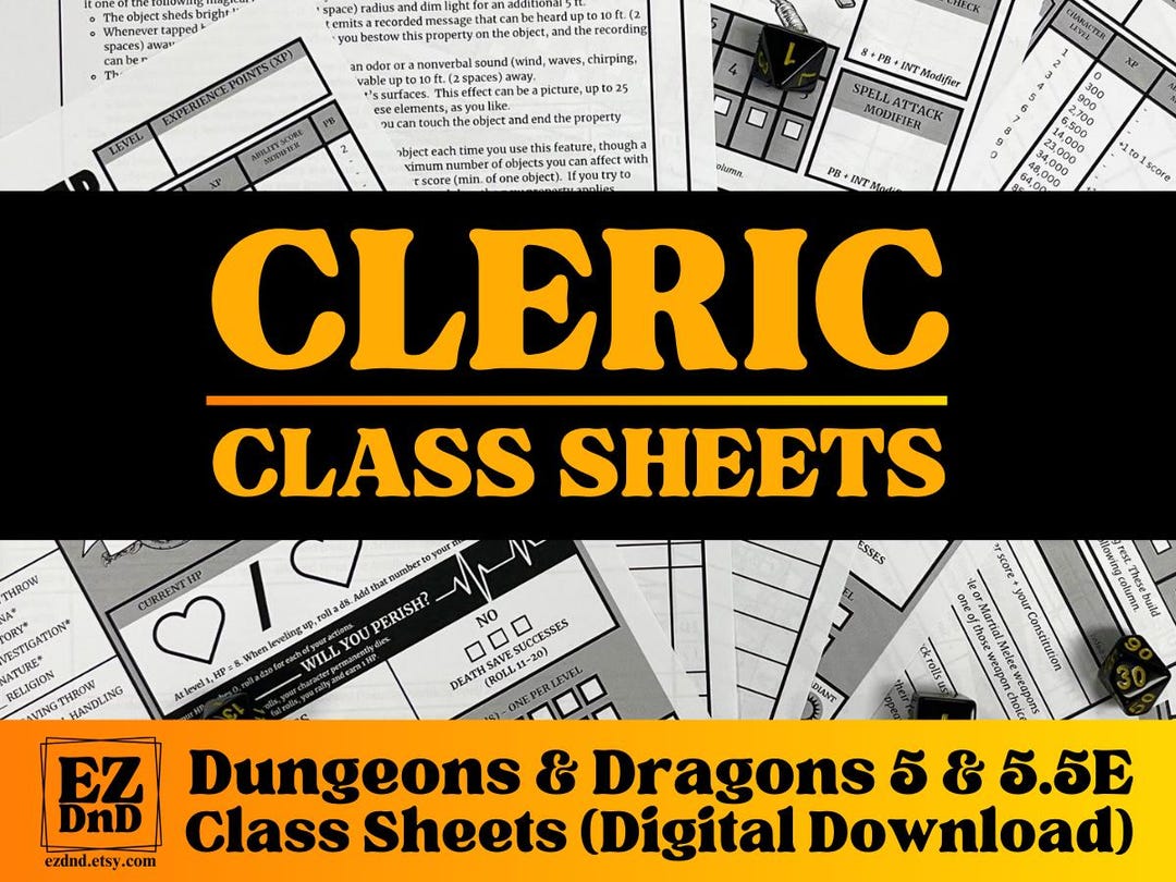 Printable Dungeons and Dragons Cleric Class Character Sheets - 5th & 5. ...