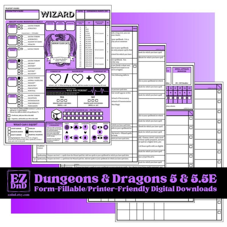 Dungeons & Dragons Wizard Class Character Sheets - Form-fillable and ...