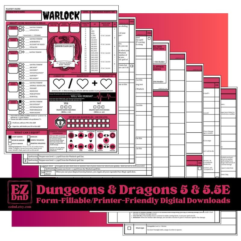 Dungeons & Dragons Warlock Class Character Sheets - Form-fillable and ...