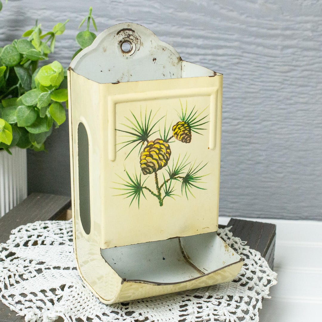 Vintage Tin Match Box Holder With Pine and Pinecones - Etsy