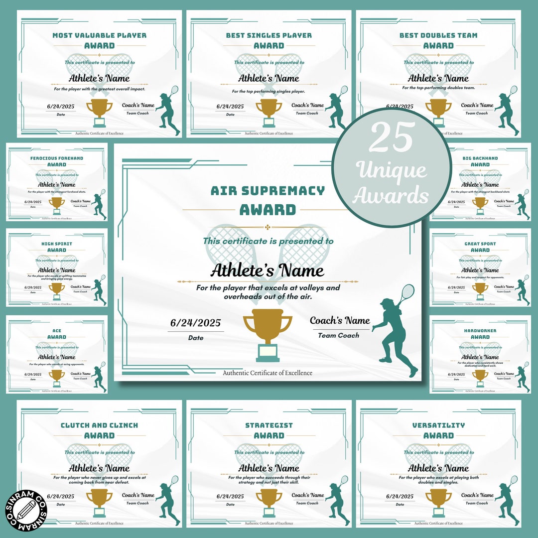 Editable Tennis Award Certificates for End of Season, Celebration and ...