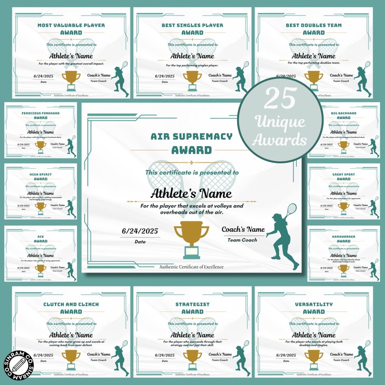 Editable Tennis Award Certificates for End of Season, Celebration and ...