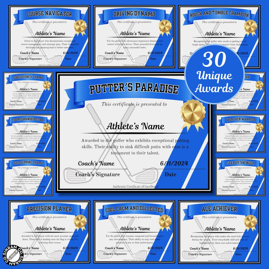 Editable Golf Award Certificates for End of Season, Celebration and ...