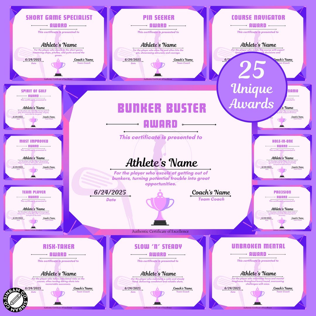Editable Golf Award Certificates, Customizable Printable DIY (PDF) - Etsy