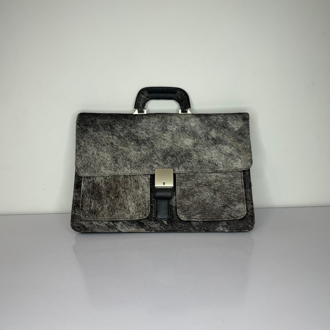 Cowhide Laptop Bag Black Grey Cow Hair Business Bag Compact Briefcase ...