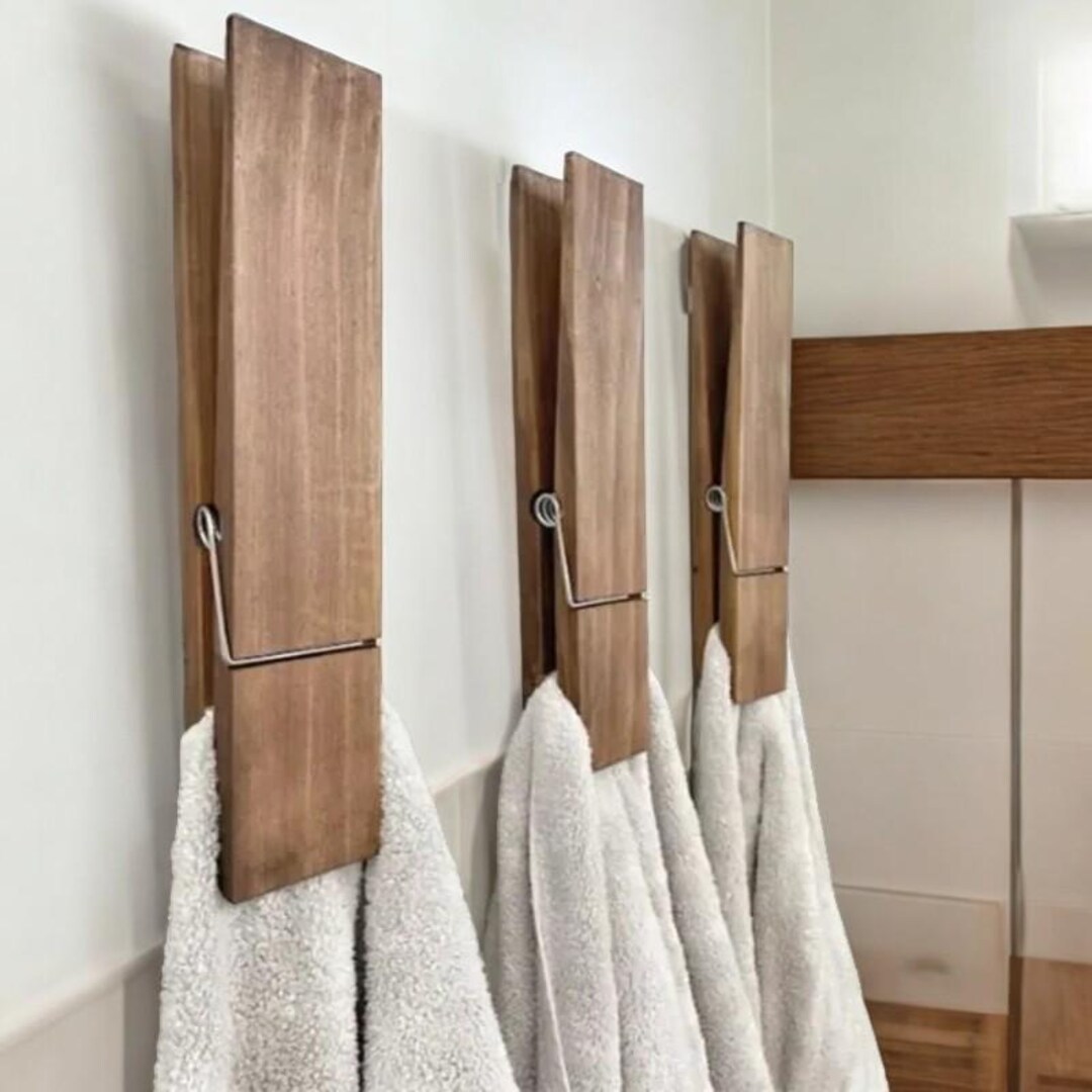 Jumbo Clothespin Bathroom Towel Holder, Wooden Giant Towel Clip, Wall ...
