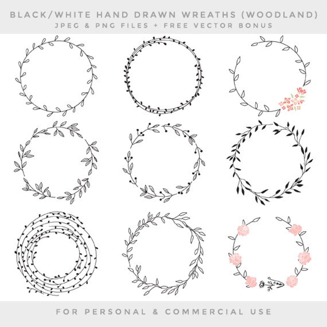 Wreath Clip Art - Hand Drawn Wreath Clip Art Digital Handdrawn Floral ...
