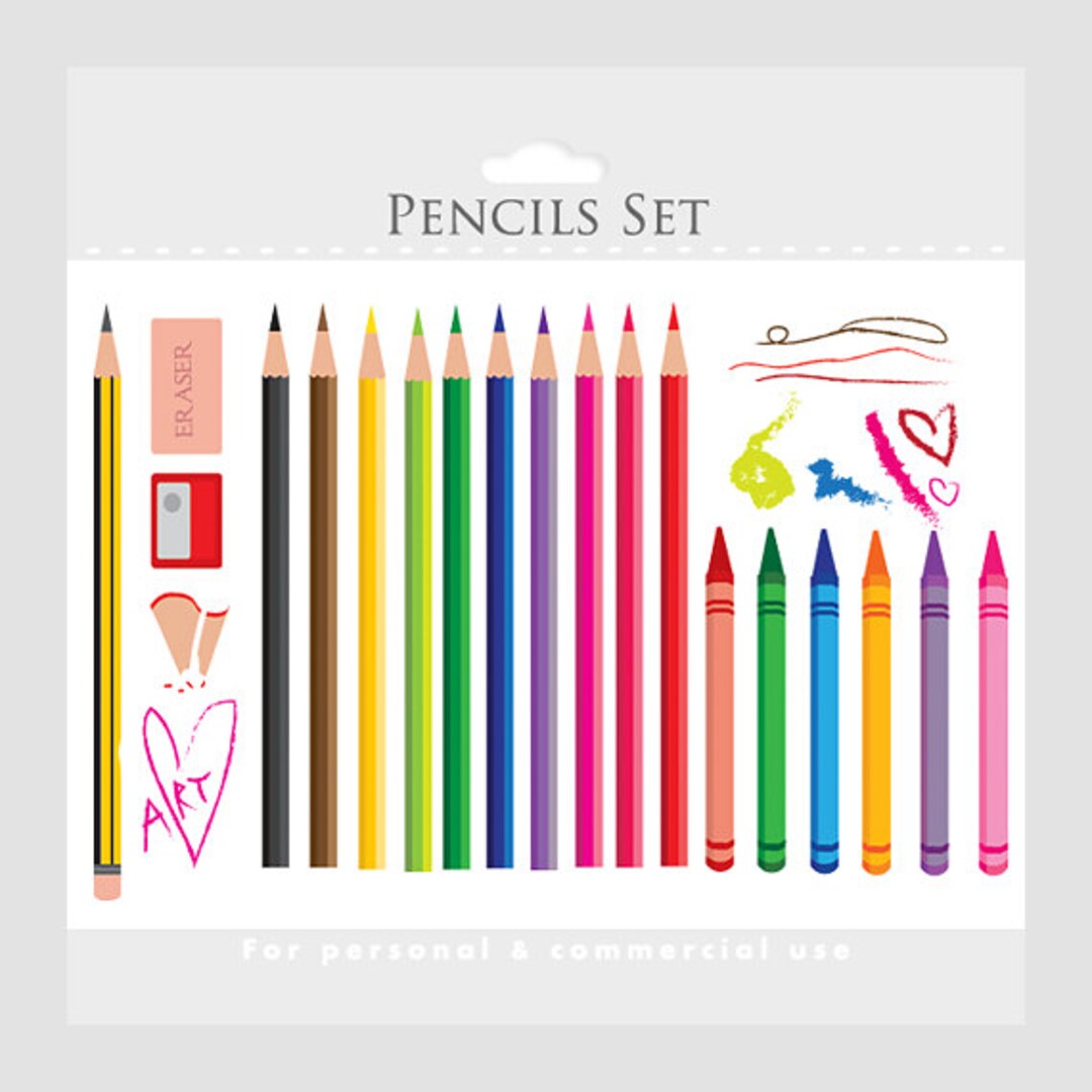 Pencils and School Supplies Clipart - Colored Pencils, Crayons, Eraser ...