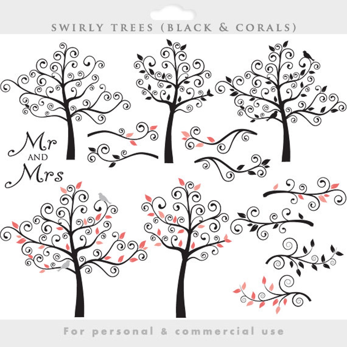 Tree Clip Art Swirly Tree Flourish Swirls Branches Whimsical - Etsy