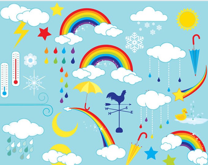 Rainbow Clipart Clip Art, Rain Cloud Raindrops Sun Sky Stars Hearts ...