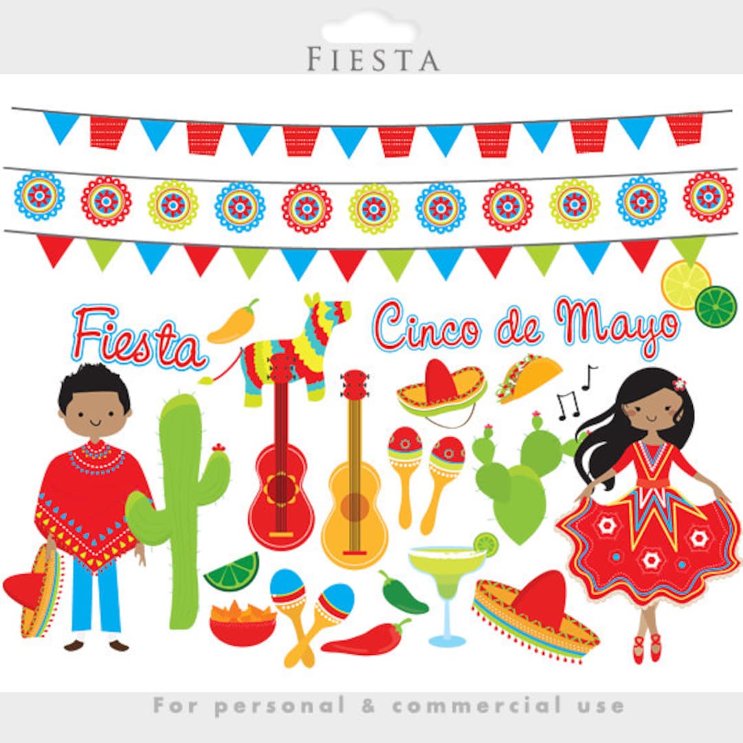 Fiesta Clipart - Mexican Fiesta Cinco De Mayo Flags, Dancing, Pinata ...