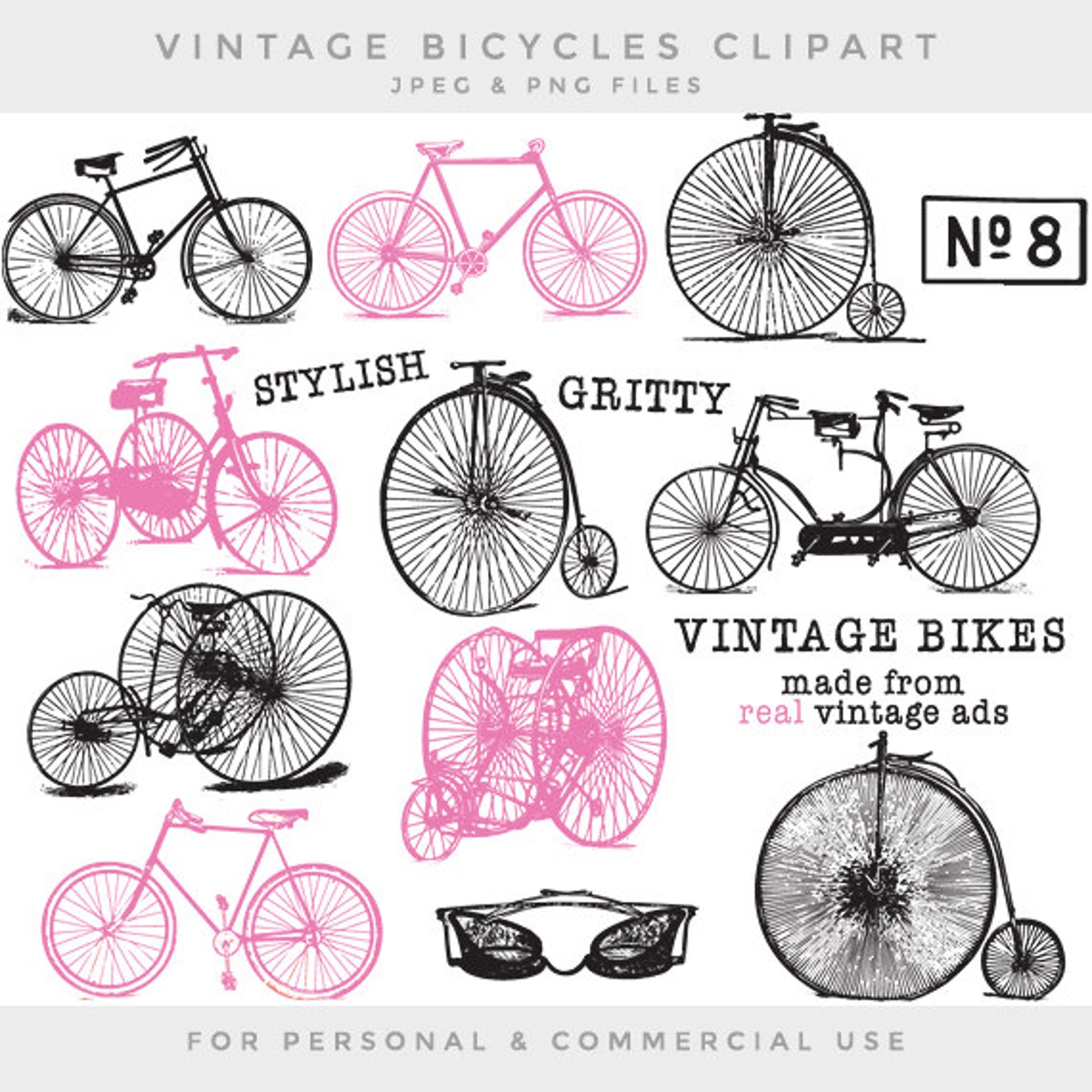 Vintage Bikes Clipart Retro Bike Clip Art Antique Bicycle - Etsy