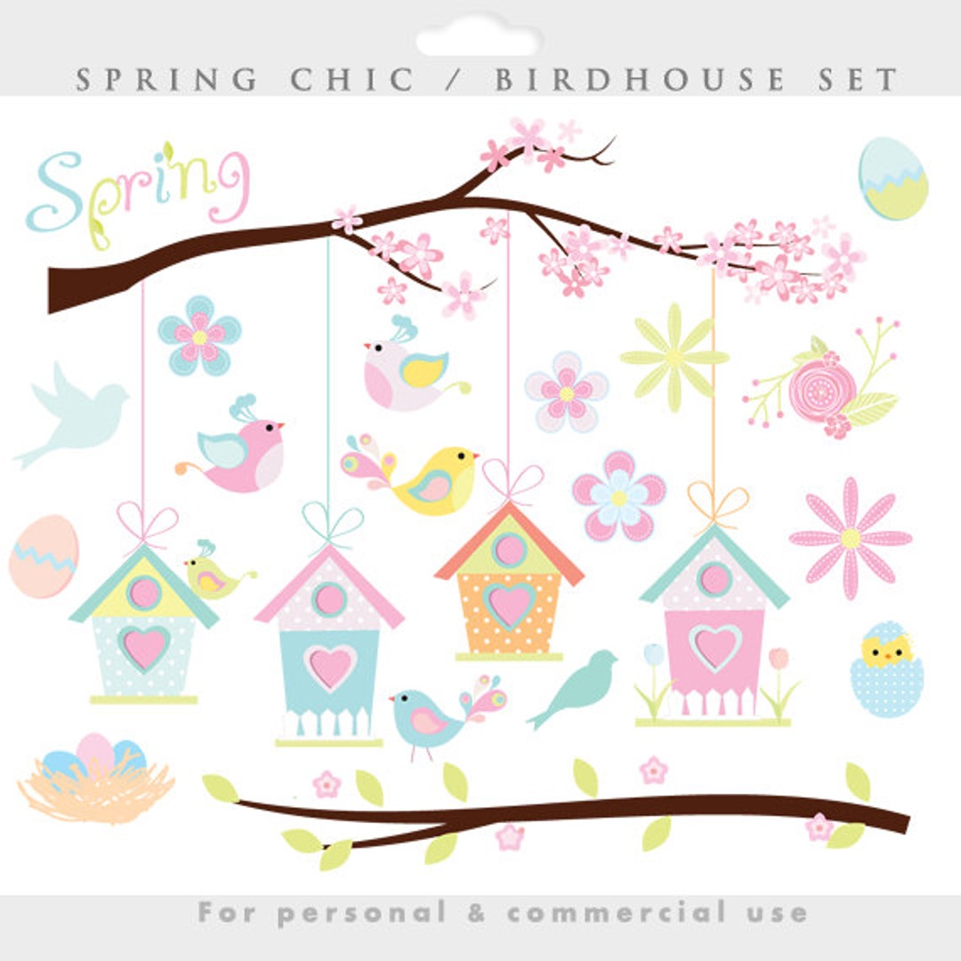 Spring Clipart - Bird Birdhouse Clip Art, Easter Birdies Whimsical ...