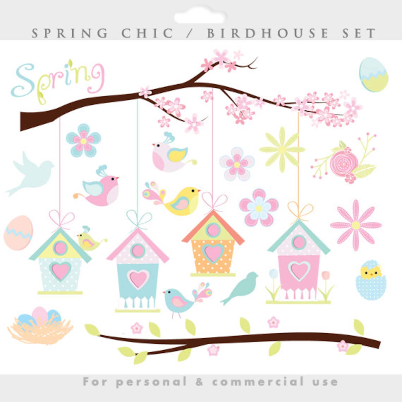 Spring Clipart Bird Birdhouse Clip Art Easter Birdies - Etsy