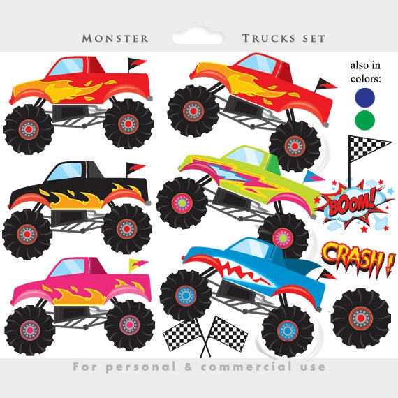 Monster trucks clipart trucks clip art pink blue fire | Etsy