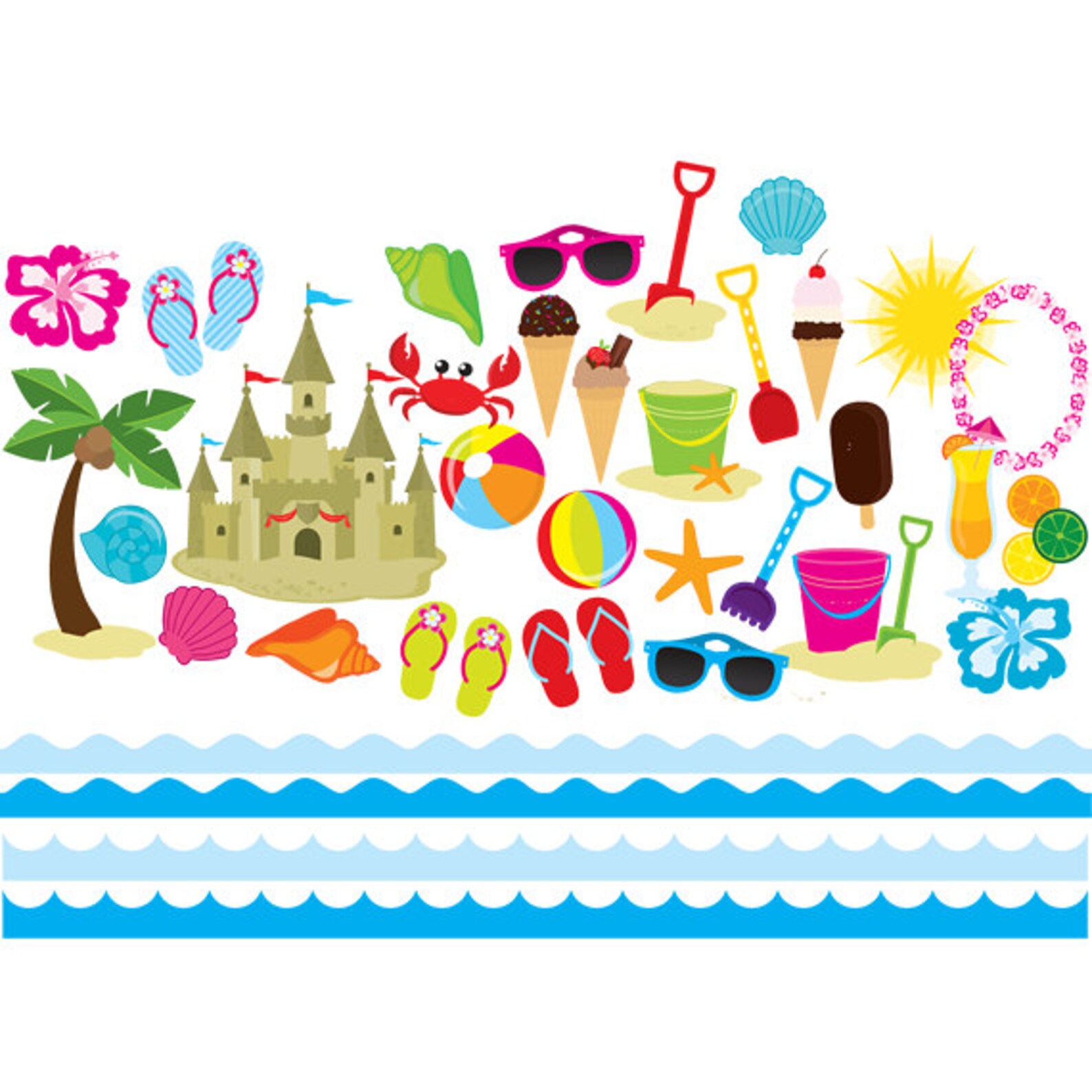 Beach Clipart Summer Clipart, Beach Ball, Sand Castle, Palm, Shells ...