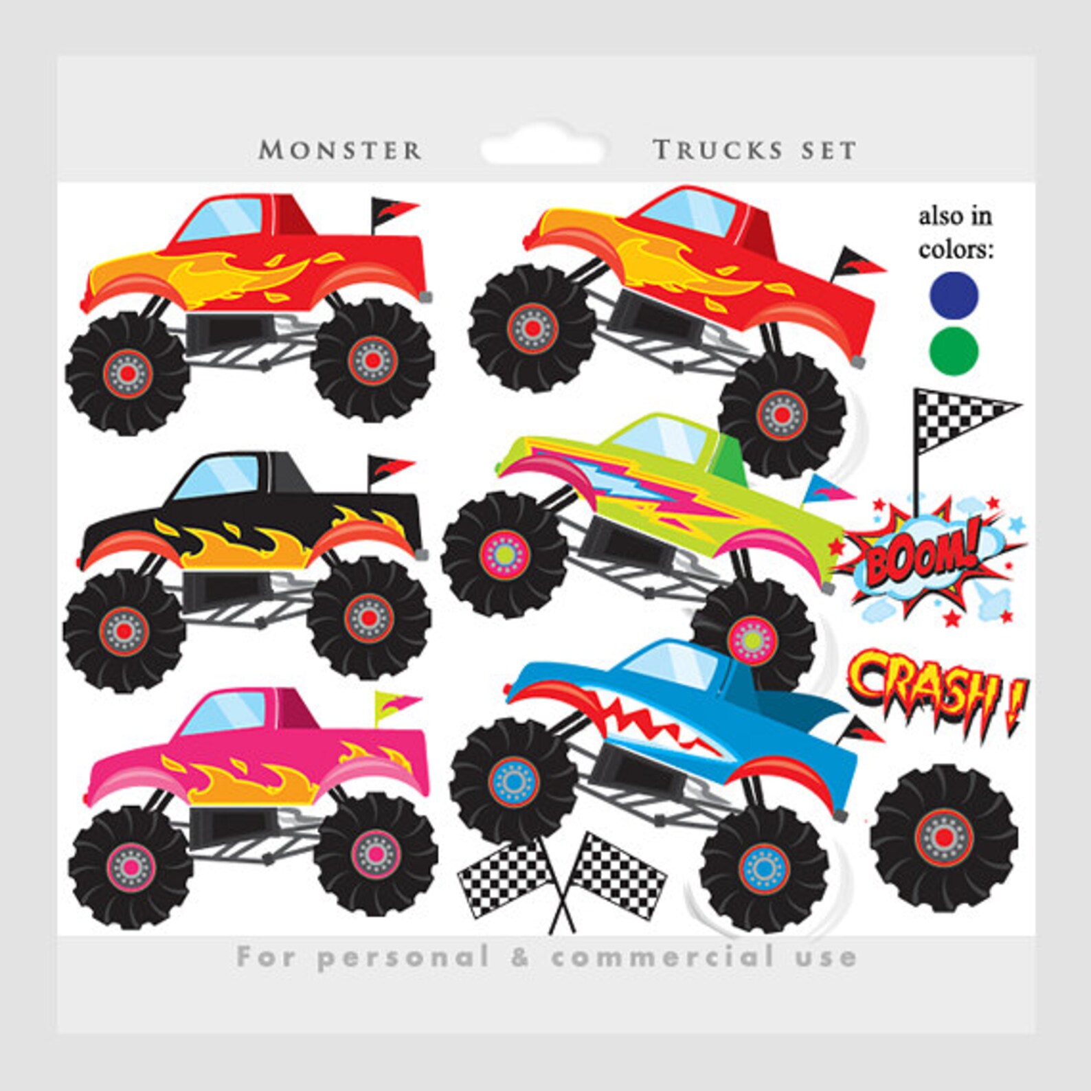 Monster trucks clipart trucks clip art pink blue fire | Etsy