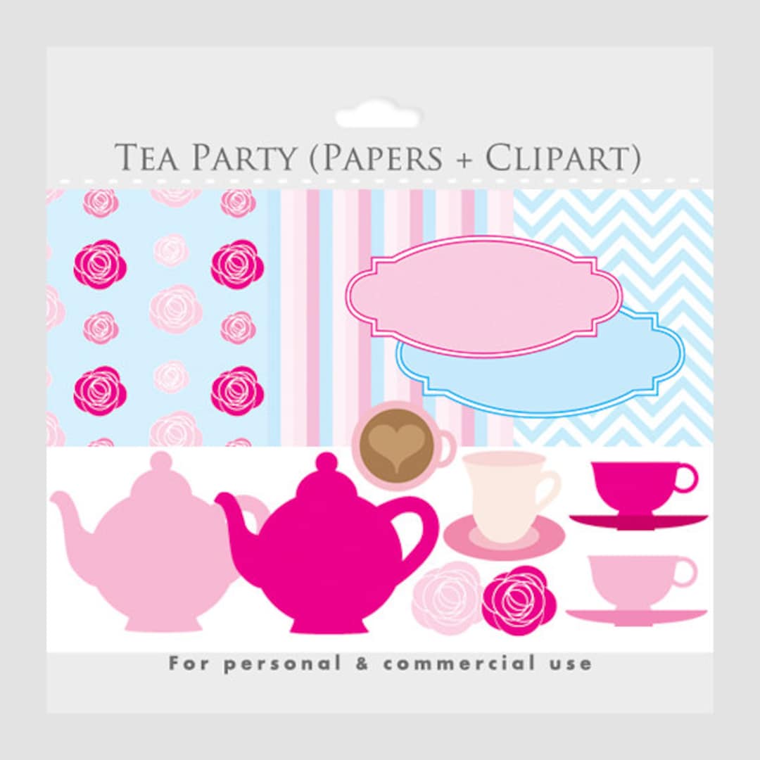 Tea Party Clipart With Digital Paper - Teapot Teacups Roses Frames Clip ...