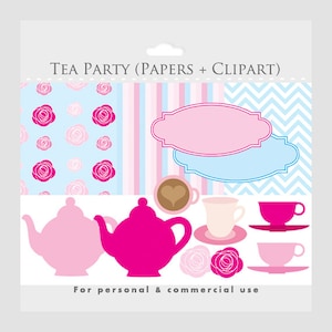 Tea Party Clipart With Digital Paper - Teapot Teacups Roses Frames Clip ...