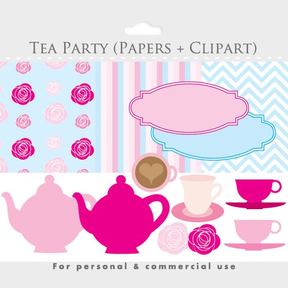 Tea Party Clipart With Digital Paper Teapot Teacups Roses | Etsy