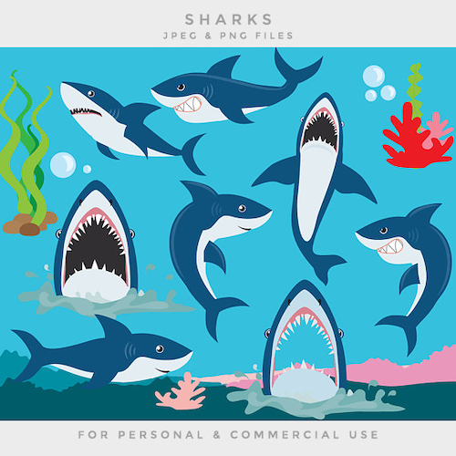 Shark Clipart Shark Clip Art Sea Clip Art Seaweed Coral Sea | Etsy