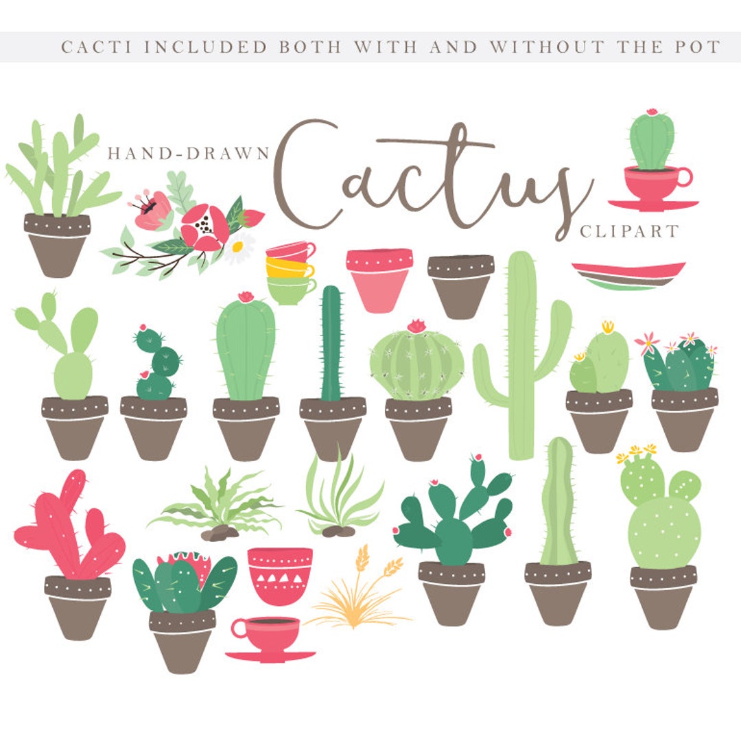 Cactus Clipart - Cactus Clip Art Hand Drawn Cacti Desert Cactuses Pots ...