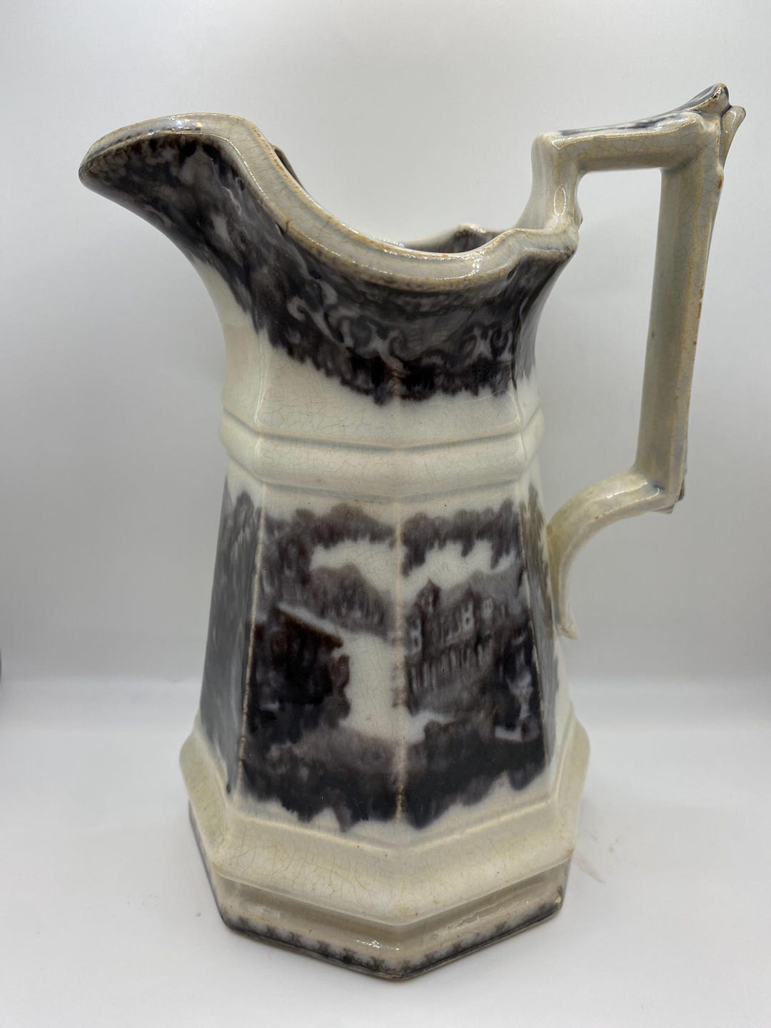 Antique Gray & Black Scenery Flow Ware Transferware Pitcher - Etsy