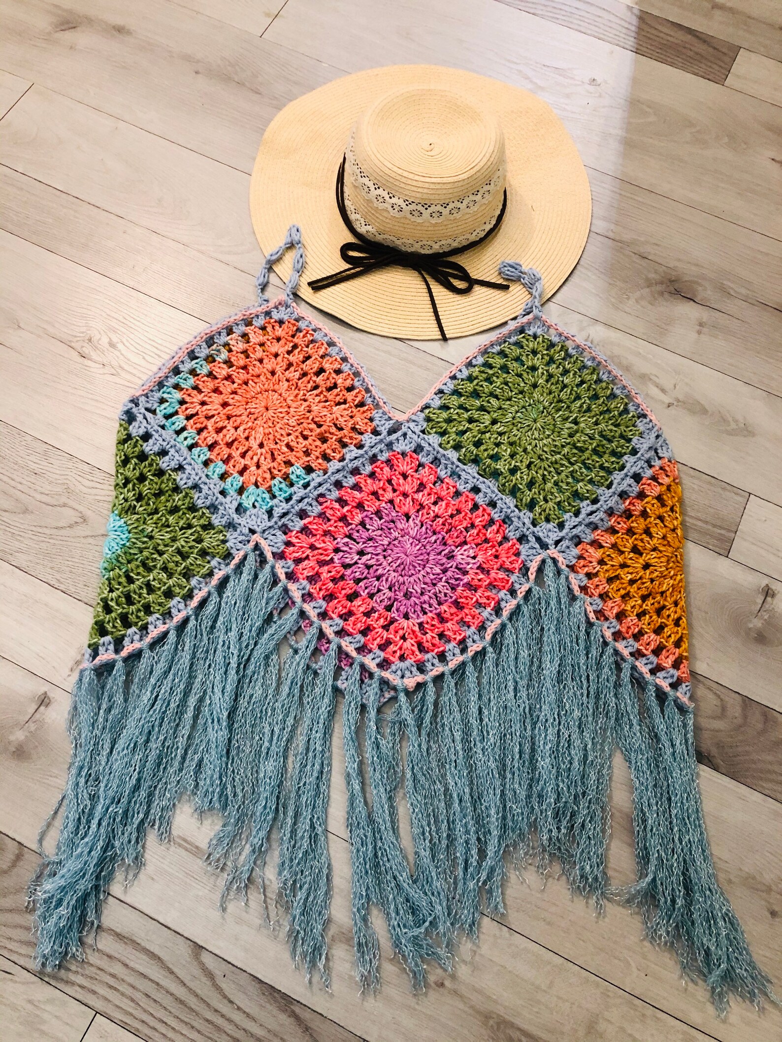 Granny Square Bohemian/hippie/gypsy Fringe Colorful Ombre Cotton ...