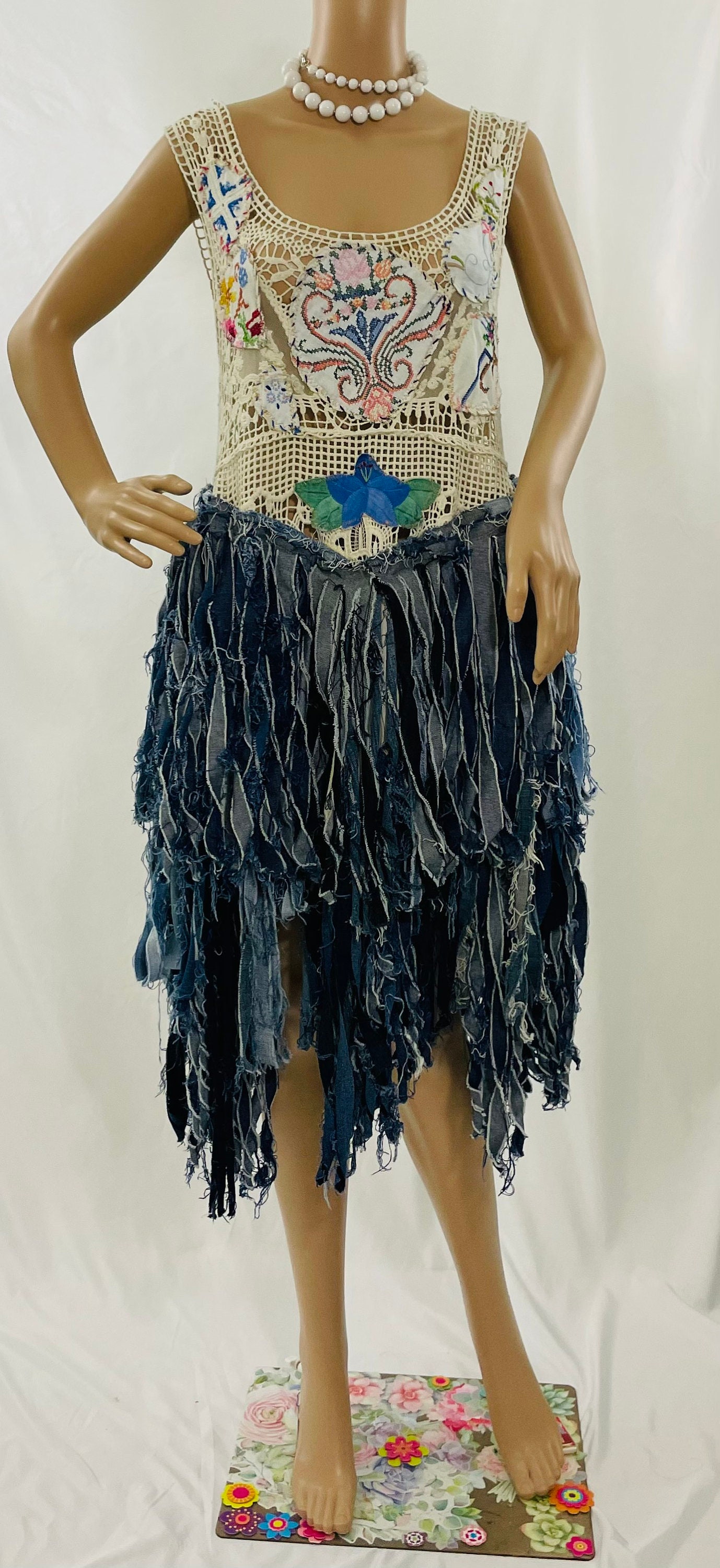 L Distressed Denim Crochet Patchwork Needlework Embroidered Beach ...