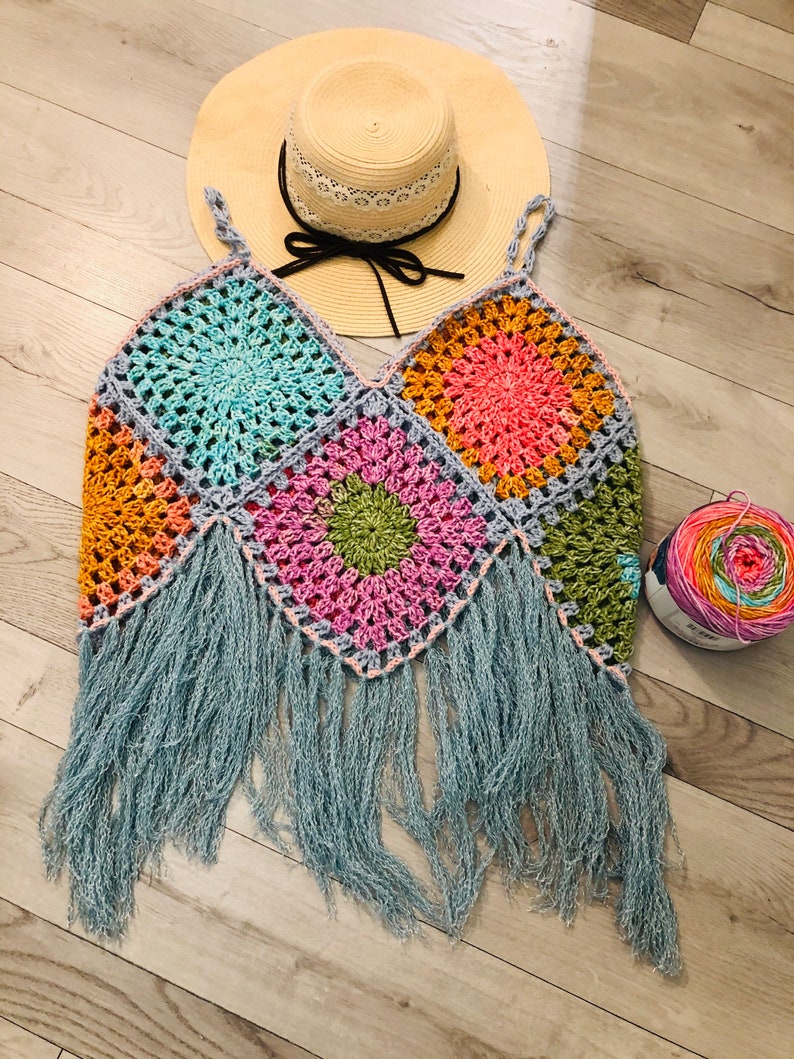 Granny Square Bohemian/hippie/gypsy Fringe Colorful Ombre Cotton ...