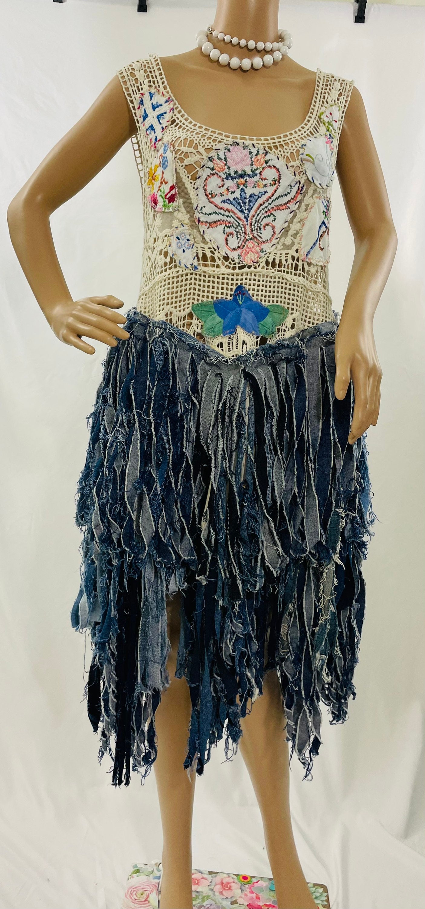 L Distressed Denim Crochet Patchwork Needlework Embroidered Beach ...