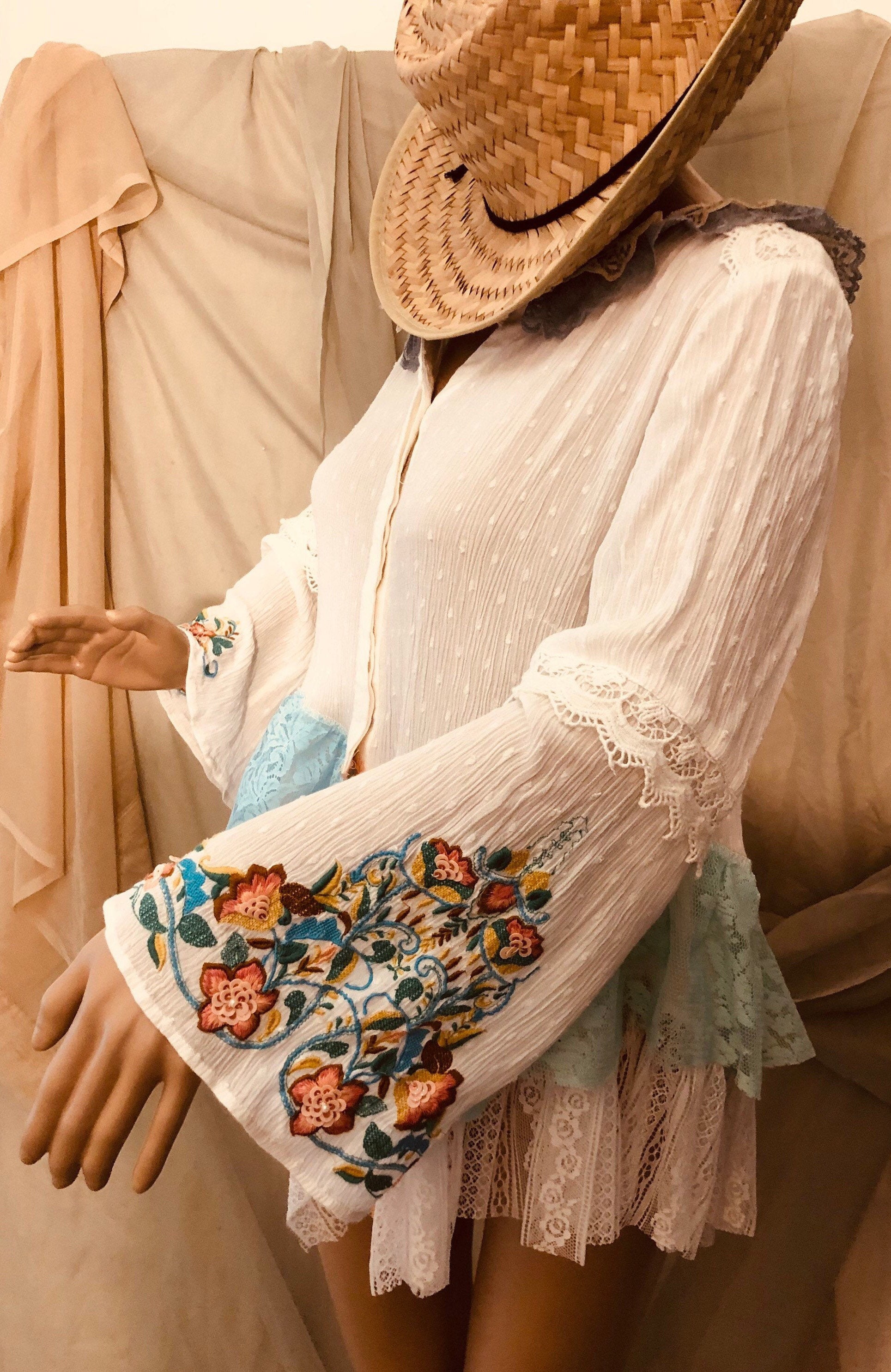 1X Shabby Chic Cowgirl/stevie Nicks Style Embroidered Romantic Magnolia ...