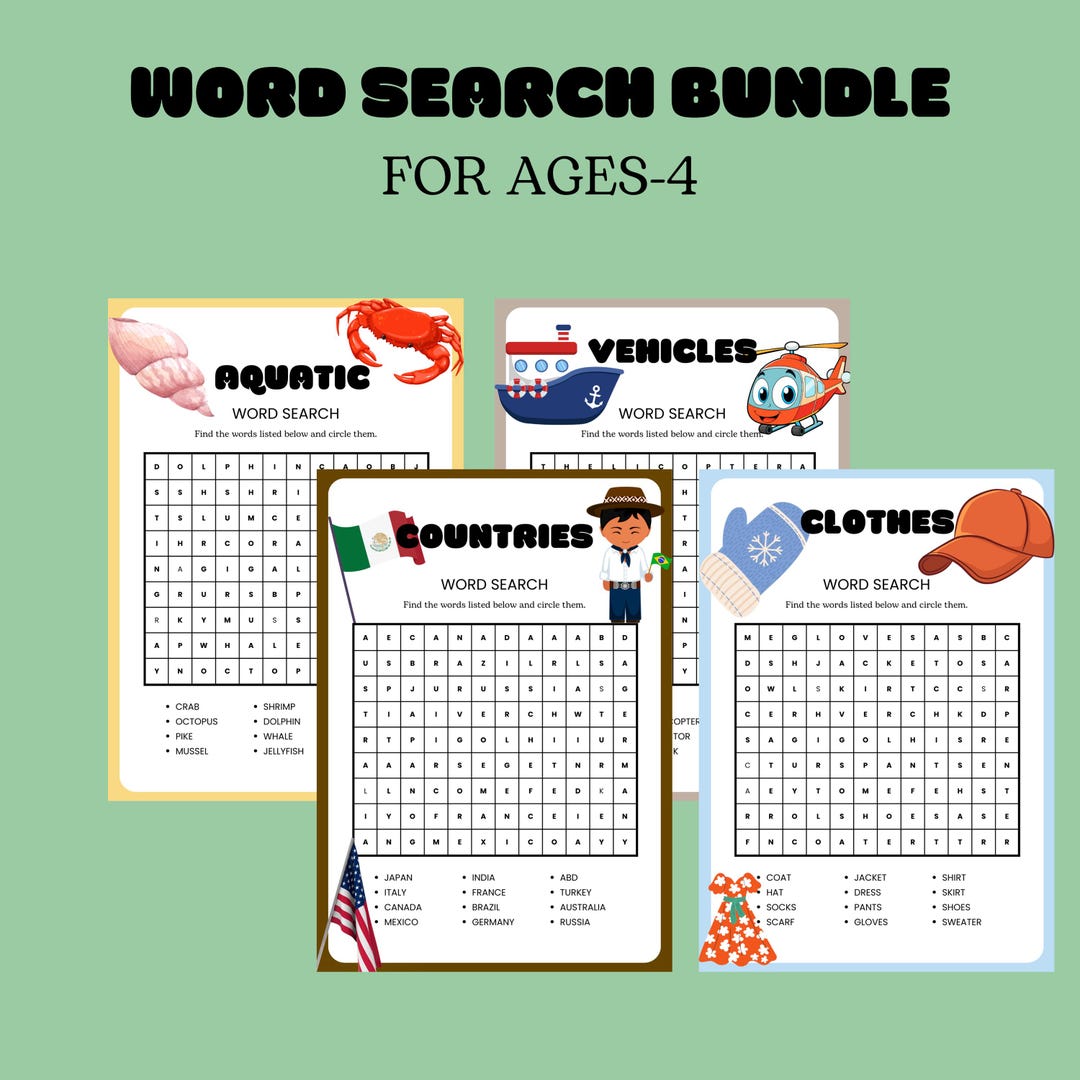 Kids Word Search Puzzles: Printable Activity Bundle (digital Download ...