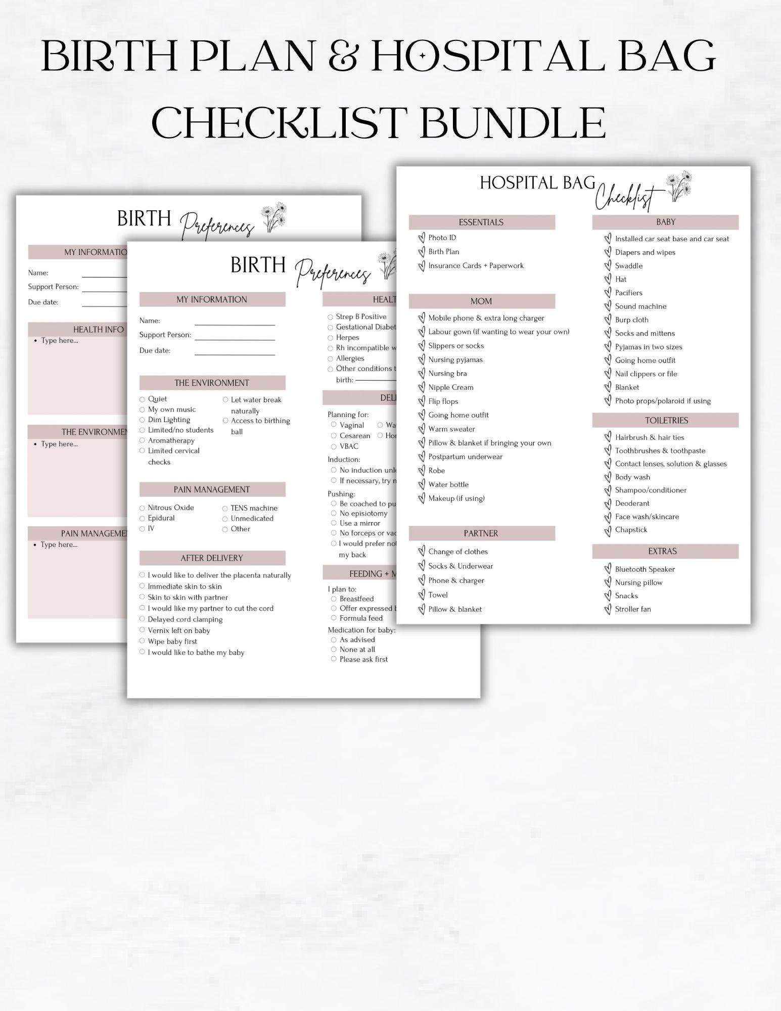 Birth Plan and Hospital Bag Checklist BUNDLE | Customizable Aesthetic ...
