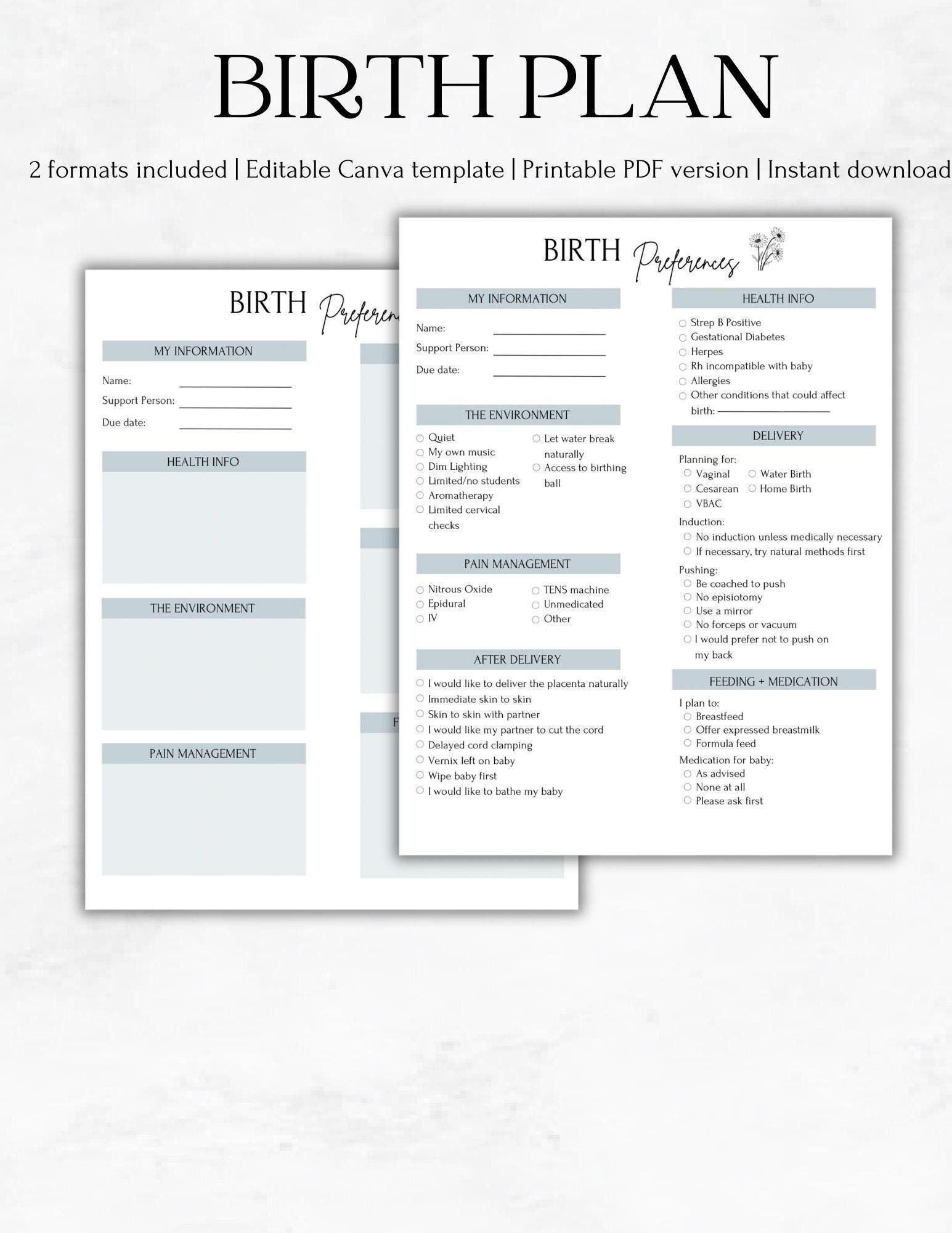 Customizable Aesthetic Birth Plan Template | Editable Canva Pdf ...