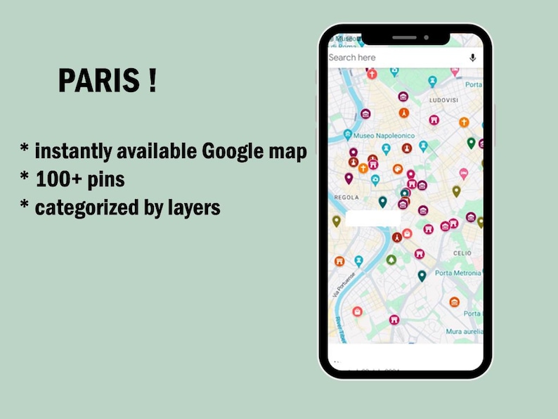 Paris Digital Travel Map for Google Maps Location Pins, France ...