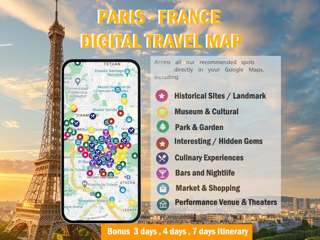 Paris Digital Travel Map for Google Maps Location Pins, France ...