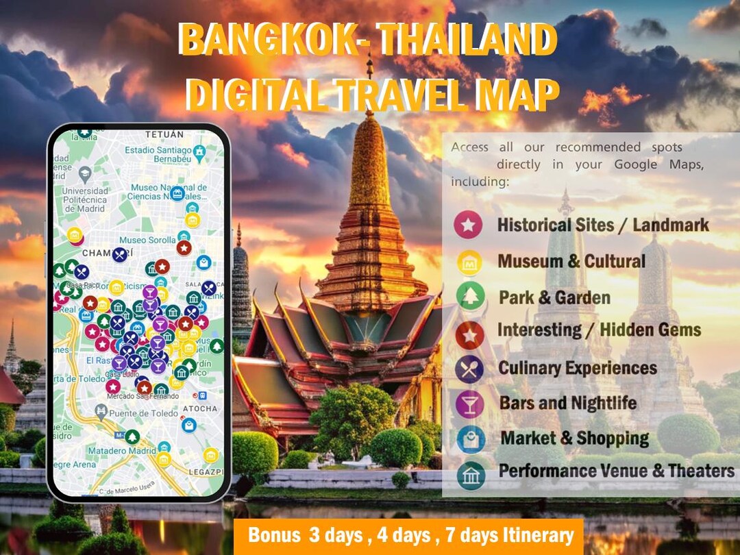 Bangkok Travel Map for Google Maps – Itinerary With Location Pins ...
