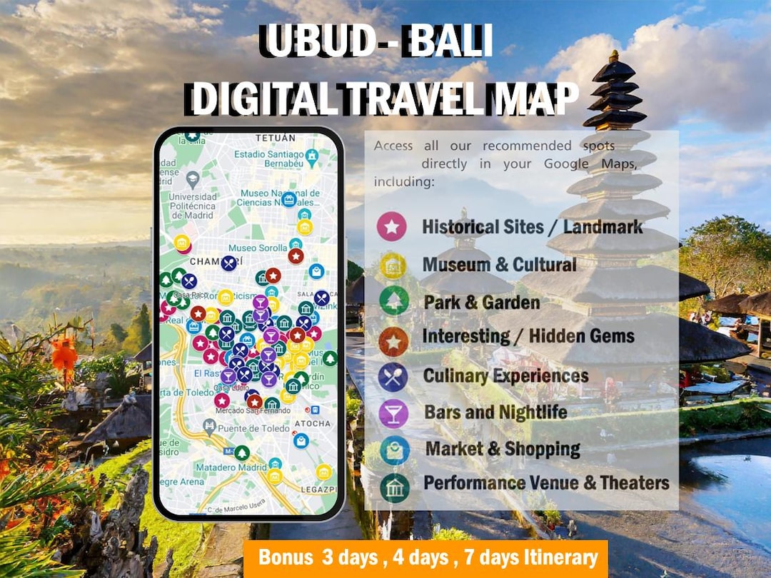 UBUD Digital Travel Map for Google Maps Location Pins, Itinerary With ...