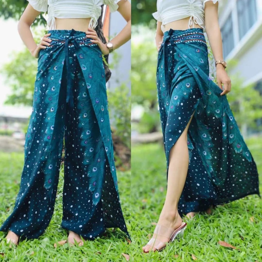 Summer Women Wrap Pants Peacock Print/ Palazzo Pants / Open Leg Pants ...