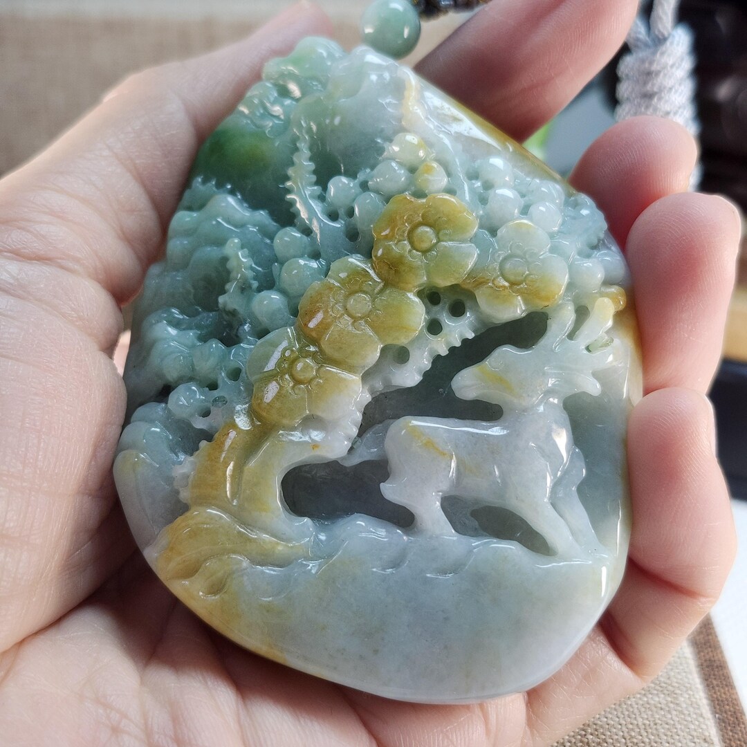 Certified Grade A Jade Beautiful Deer Carry Out 一路有你 Carved on Raw ...