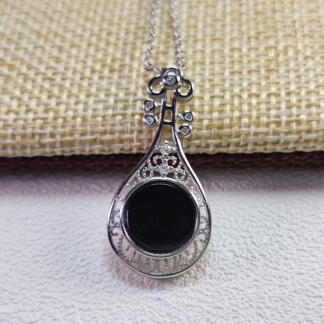 Lovely Lute Shape Untreated Type A Natural Black Jadeite Jade S925 Bail ...