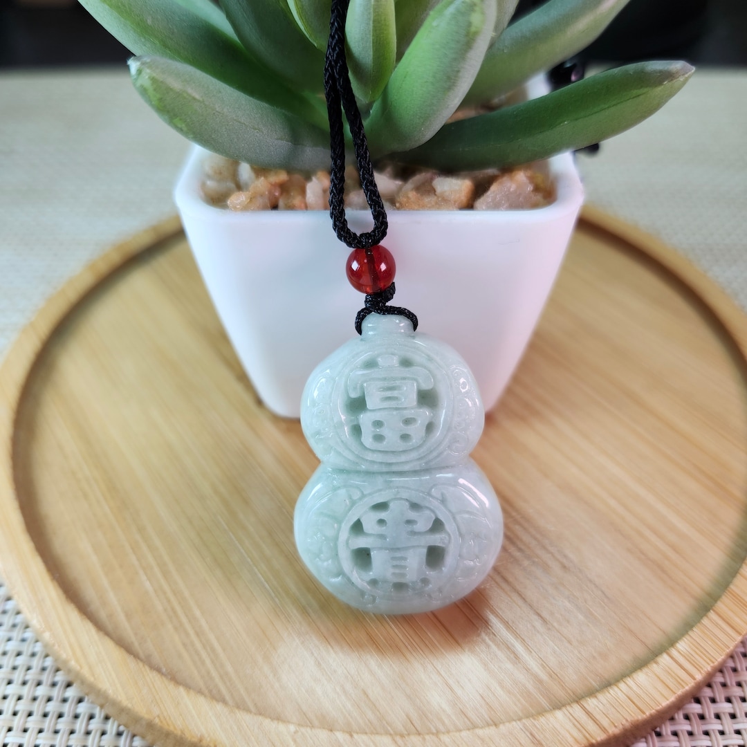 Type A Jade Double-sided Gourd Shape Carved Chinese Words of 富貴 吉祥 ...
